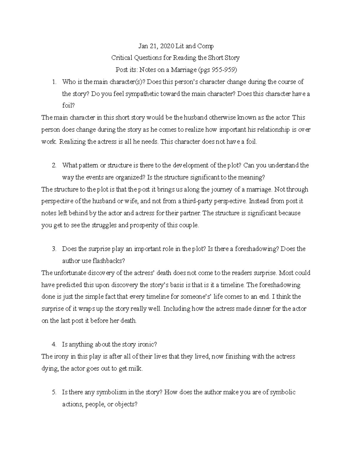Notes on a Marriage Analysis - ENG 130 Literature Insights - Studocu