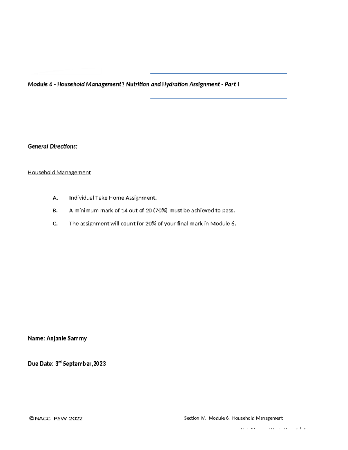 Module 6 PSW Assignment 1: Household Management & Client Care ...