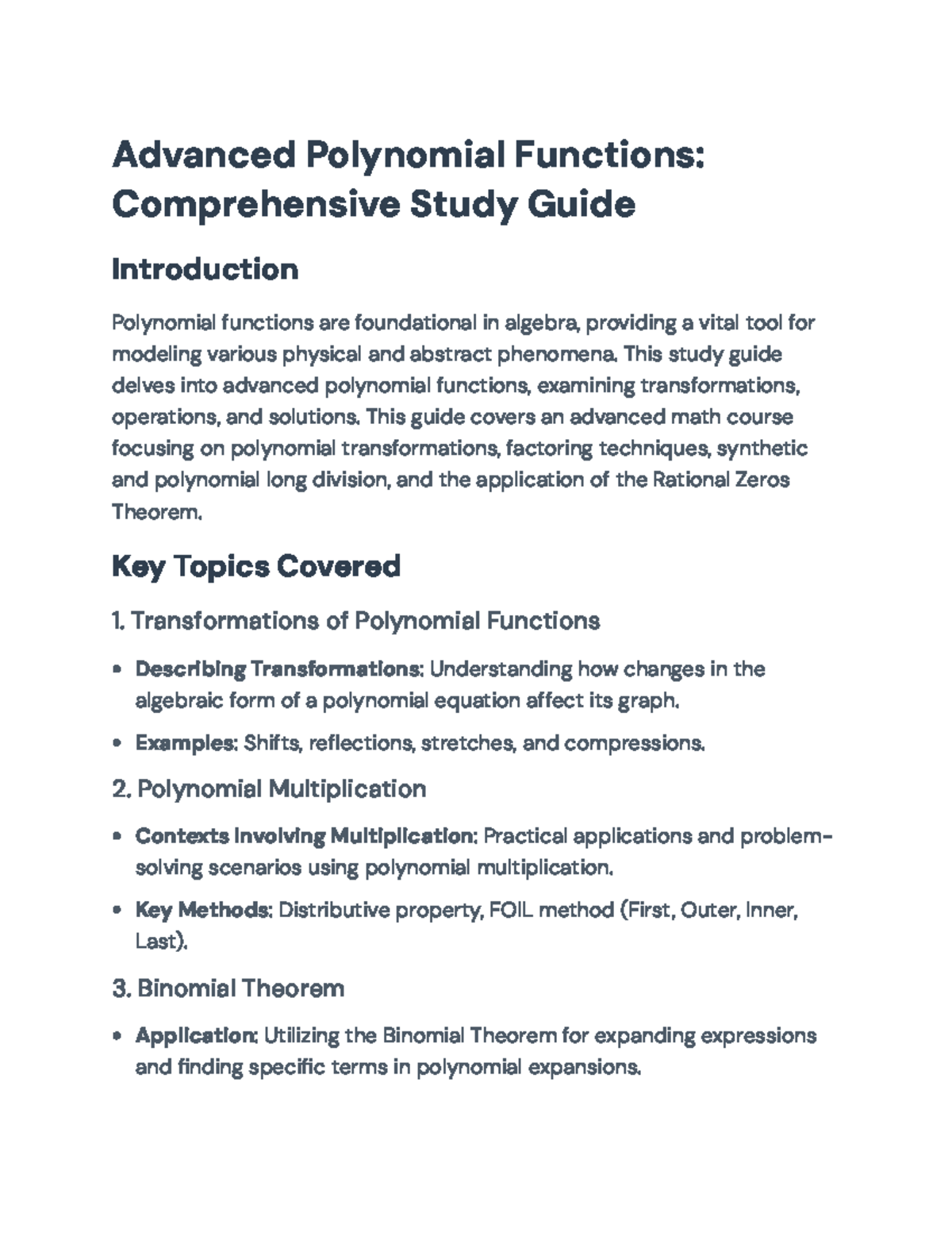 Advanced Polynomial Functions Study Guide for Math Course - Advanced ...