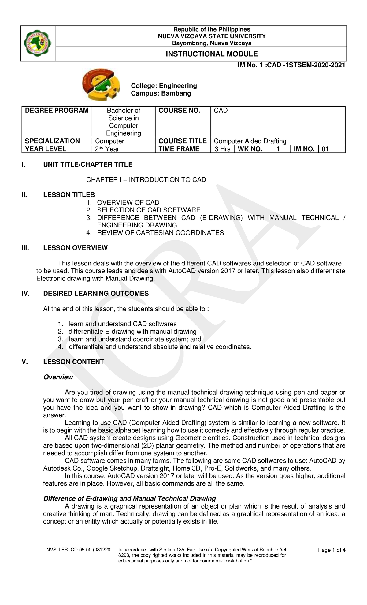 NVSU IM No. 1: Introduction to CAD for Computer Engineering 2nd Year ...