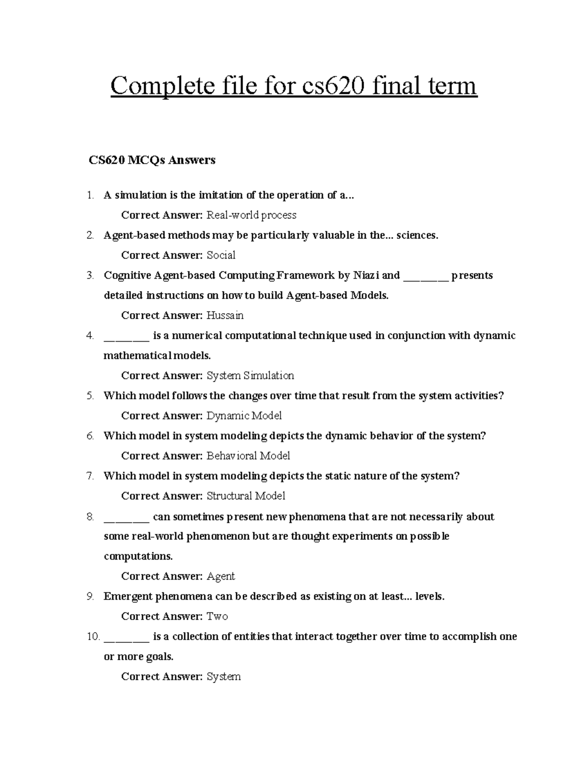 CS620 Final Exam MCQs & Answers: Comprehensive Study Guide - Studocu