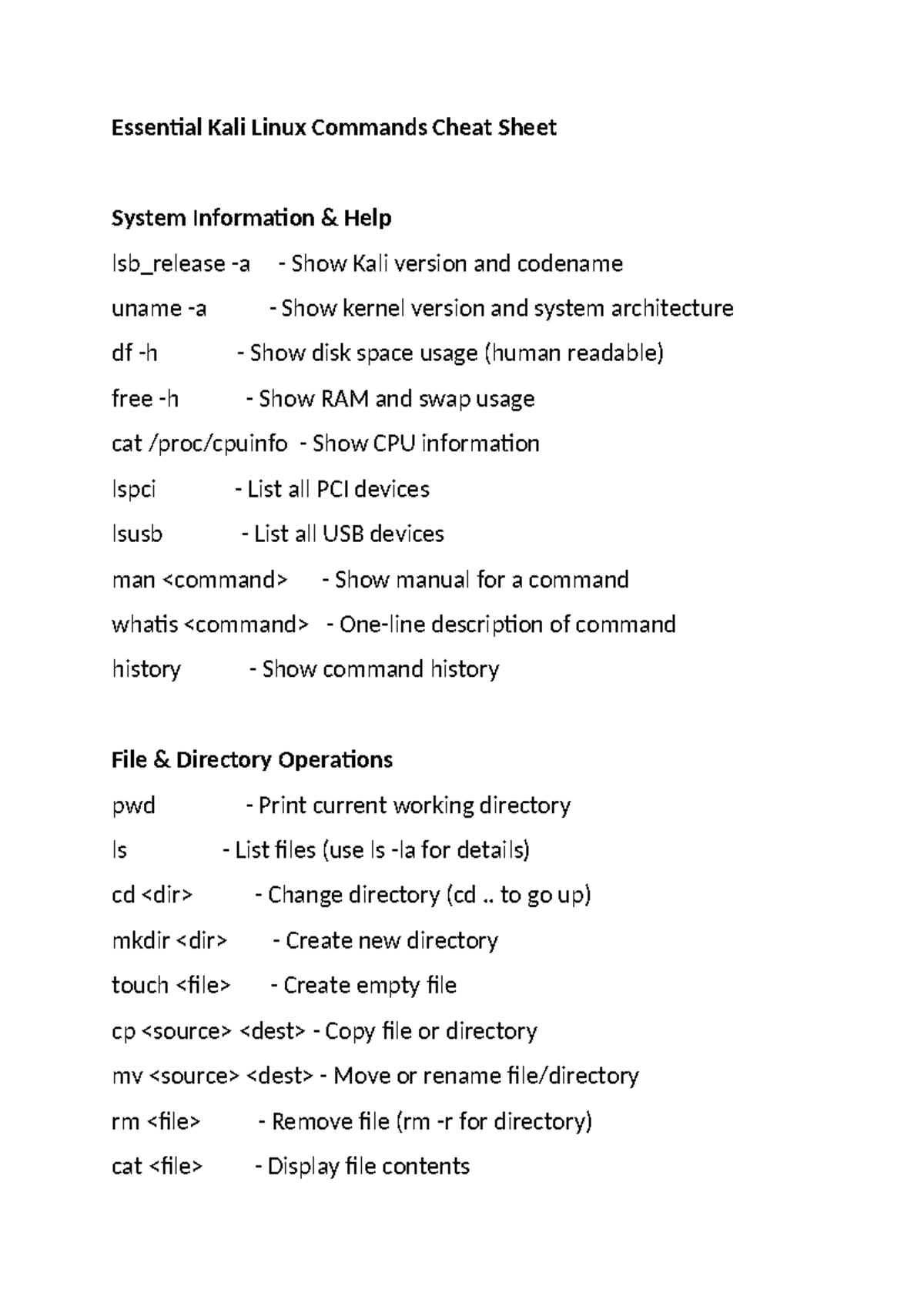 Kali Linux Commands Cheat Sheet: Essential Tips & Tricks - Studocu