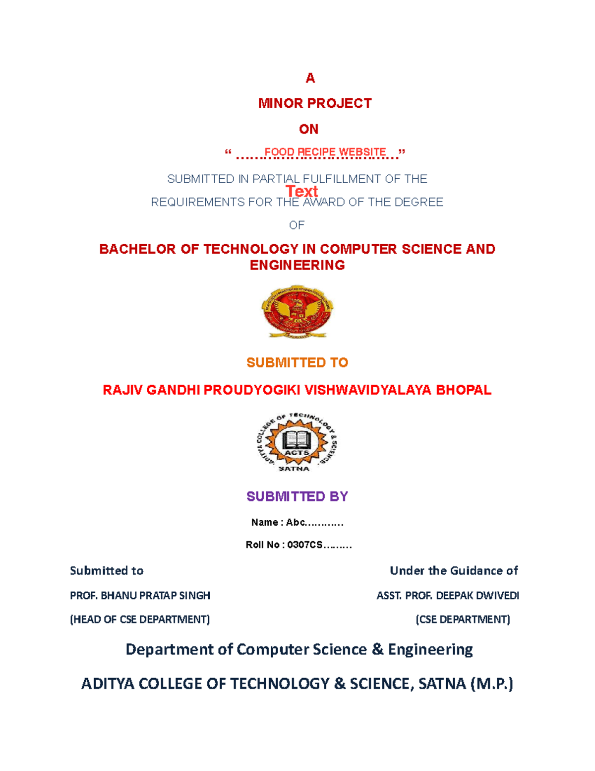 Minor Project on Food Recipe Website - B.Tech CSE 5th Sem - Studocu