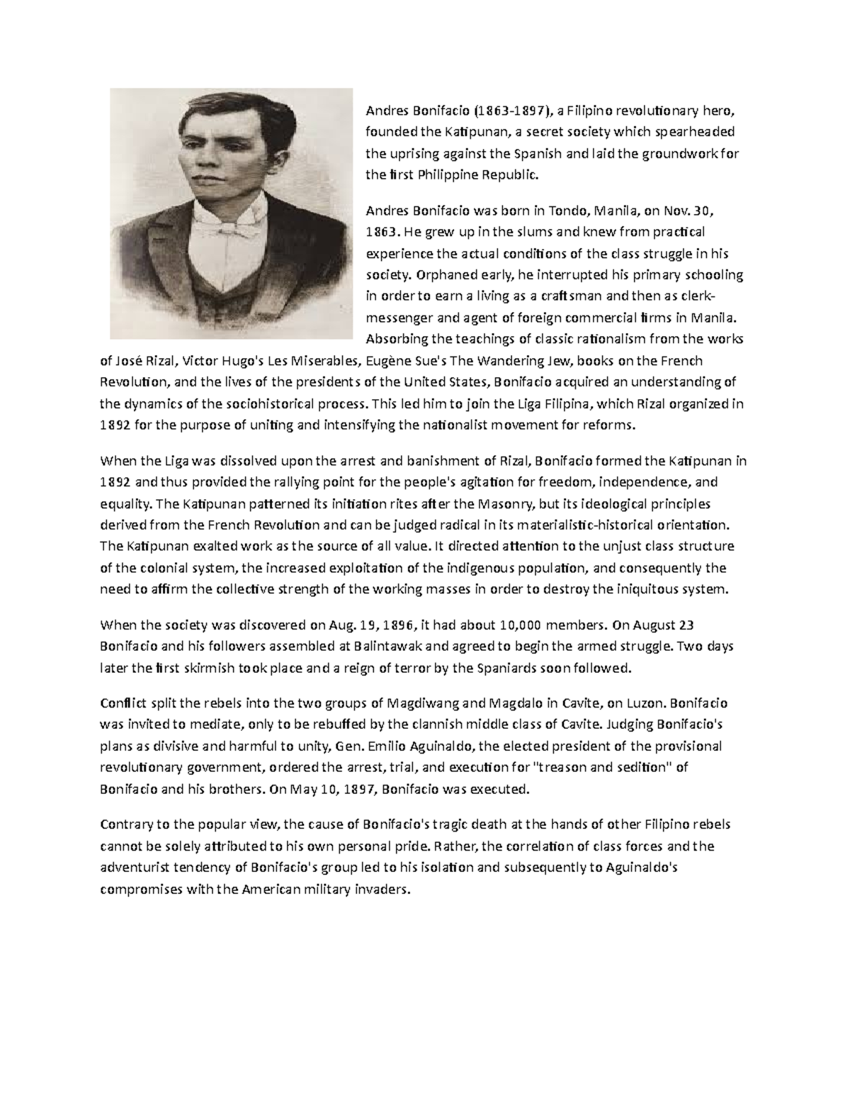 Andres Bonifacio: Hero of the Philippine Revolution (1863-1897) - Studocu
