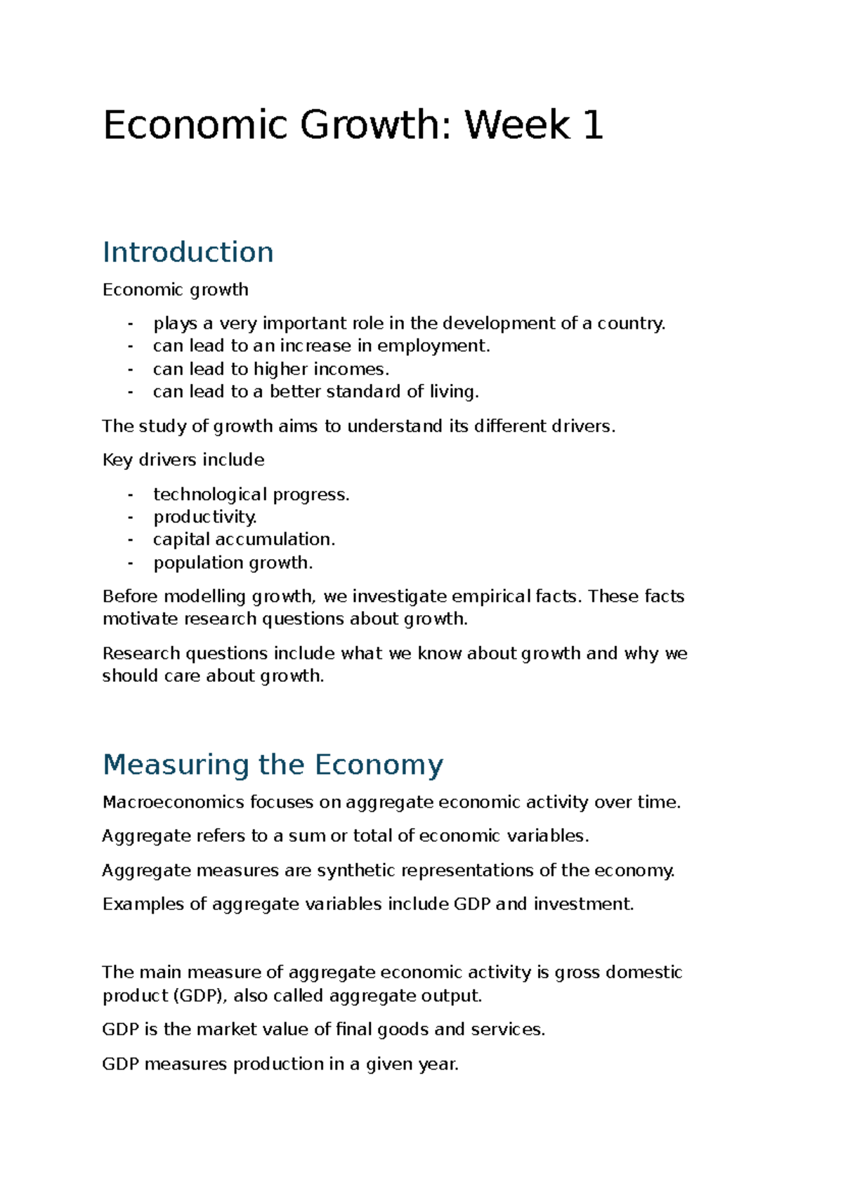 T2W1 - Economic Growth and Production Overview - Studocu