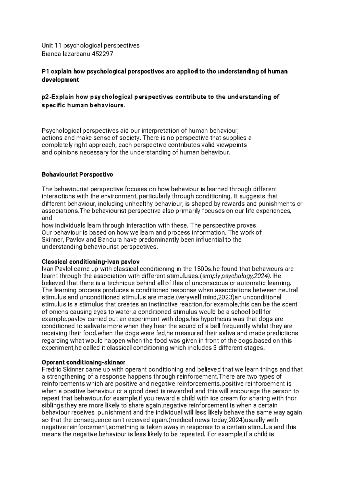 Unit 11 - Psychological Perspectives on Human Development and Behavior ...