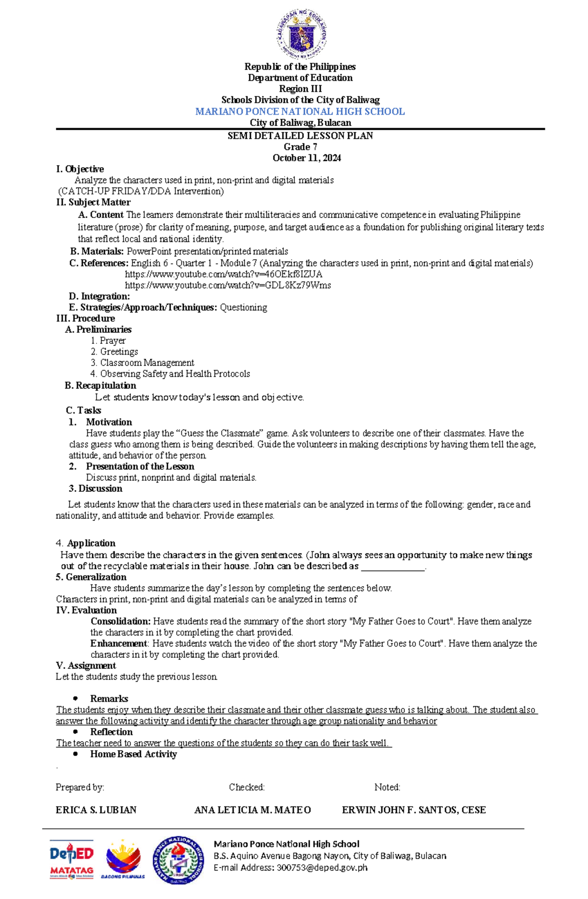 Grade 7 Semi-Detailed Lesson Plan: Analyzing Characters in Literature ...