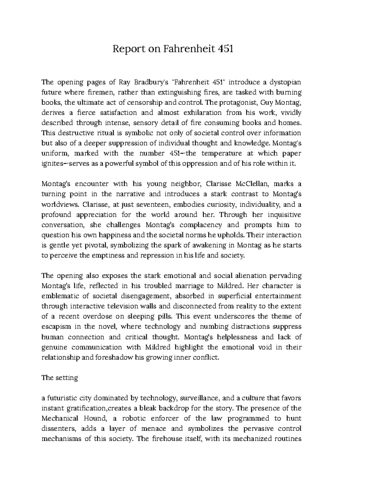 Fahrenheit 451: Dystopian Themes and Character Analysis Report - Studocu
