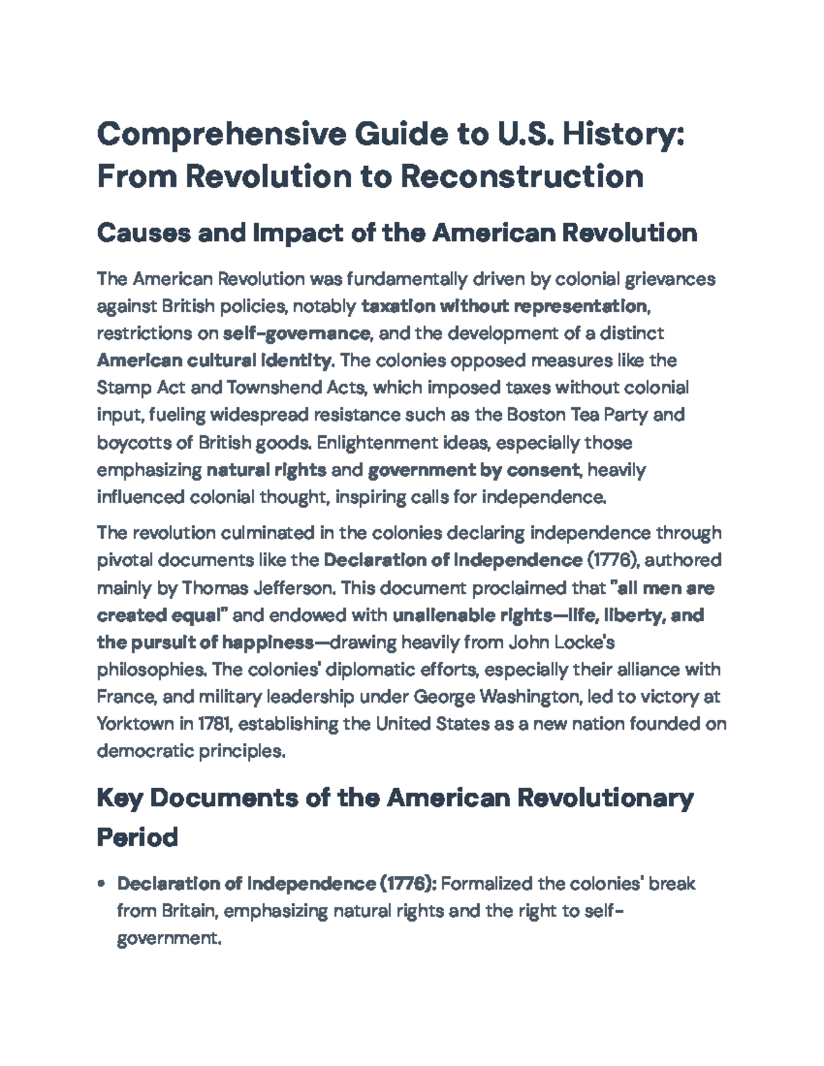 Comprehensive Overview of U.S. History: Revolution to Reconstruction ...