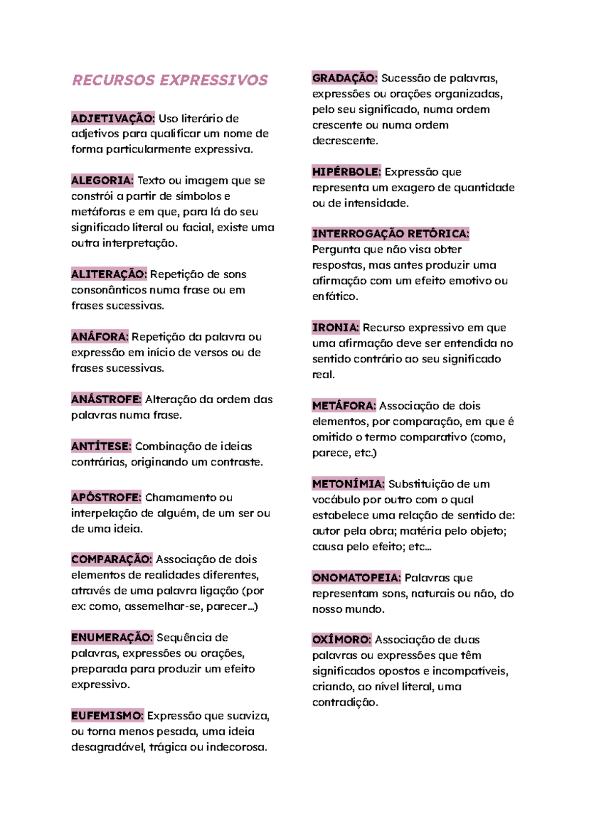Recursos Expressivos - Notas para o PT 10.º ANO - Studocu