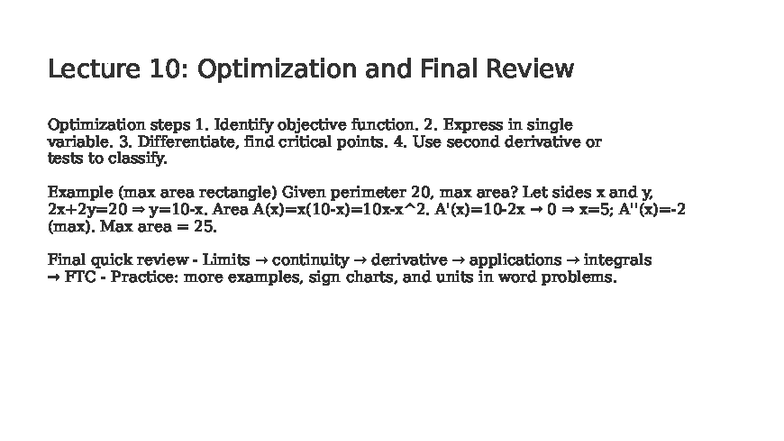 Lecture 10 - Course notes - Lecture 10: Optimization and Final Review ...
