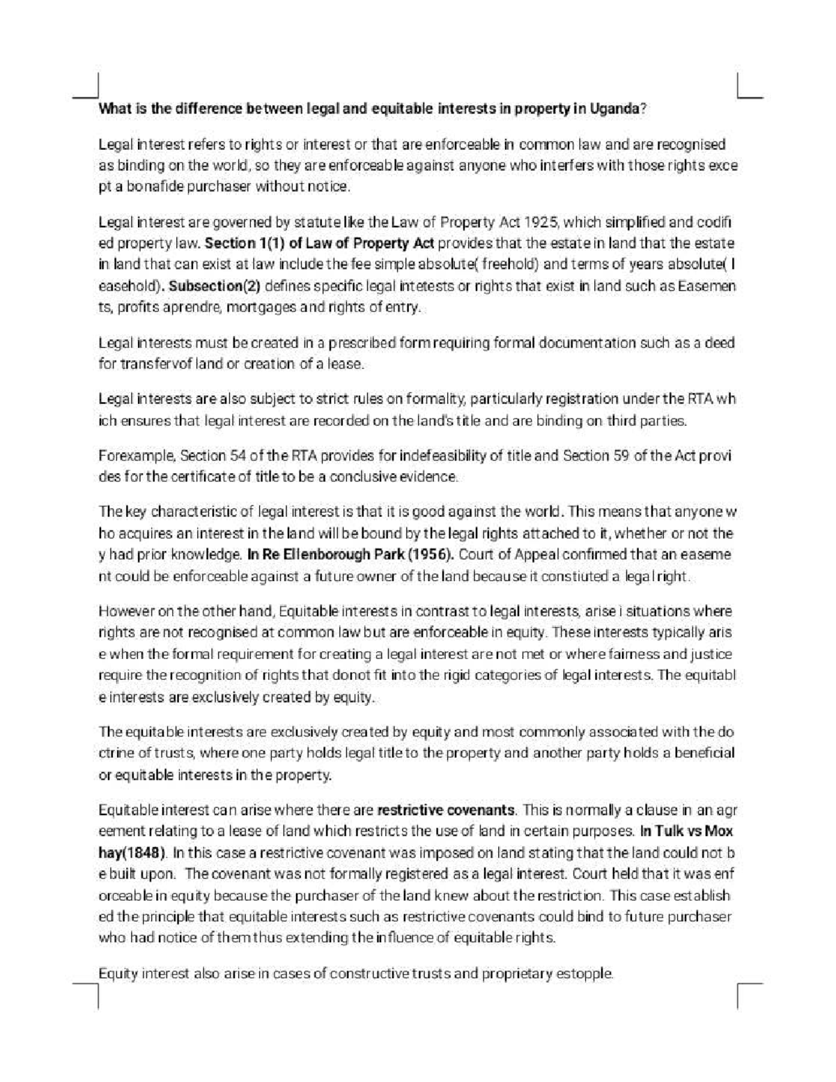 Legal vs Equitable Interests in Property: A Study on Uganda's Law - Studocu