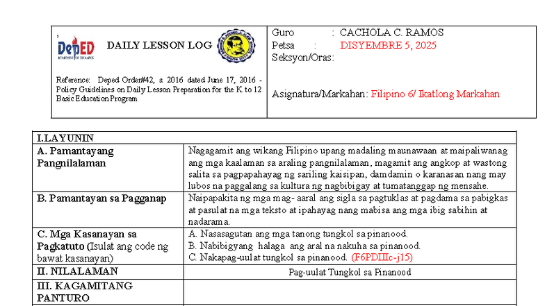 FIL-LP-DIS: Daily Lesson Log for Filipino - Ikatlong Markahan - Studocu