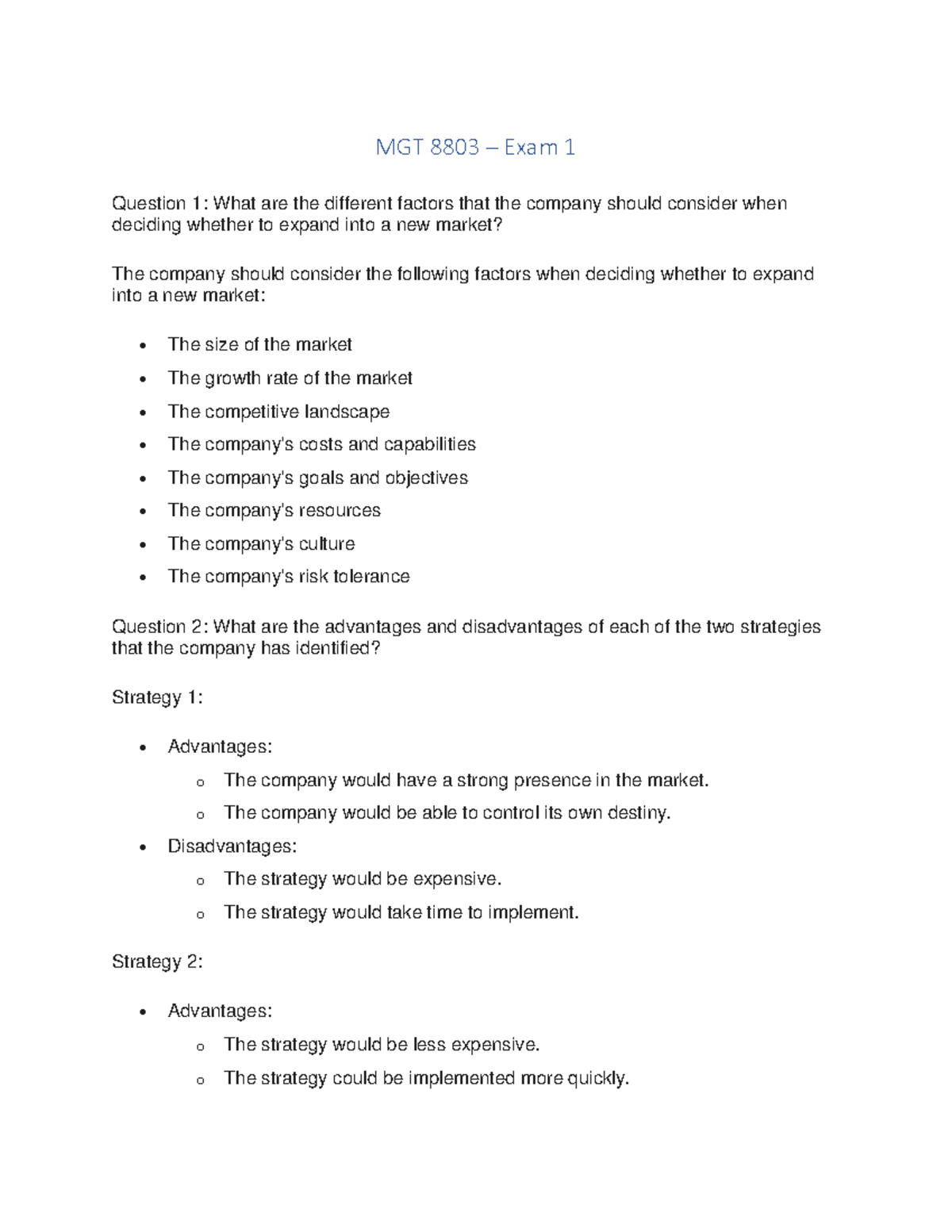 MGT 8803 - Exam 1 Practice: Market Expansion Strategies Analysis - Studocu