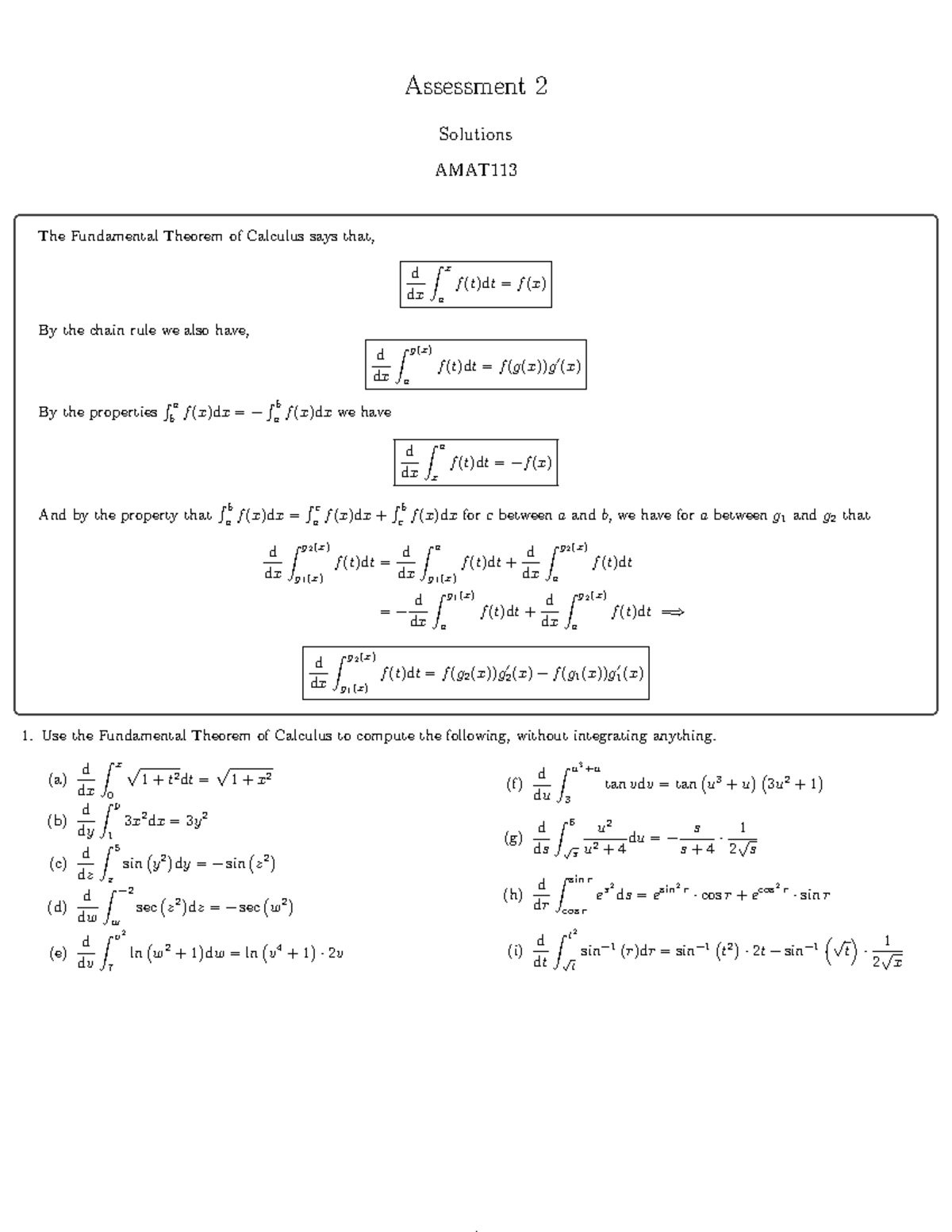 Assessment 2 Solutions AMAT113: Fundamental Theorem of Calculus ...