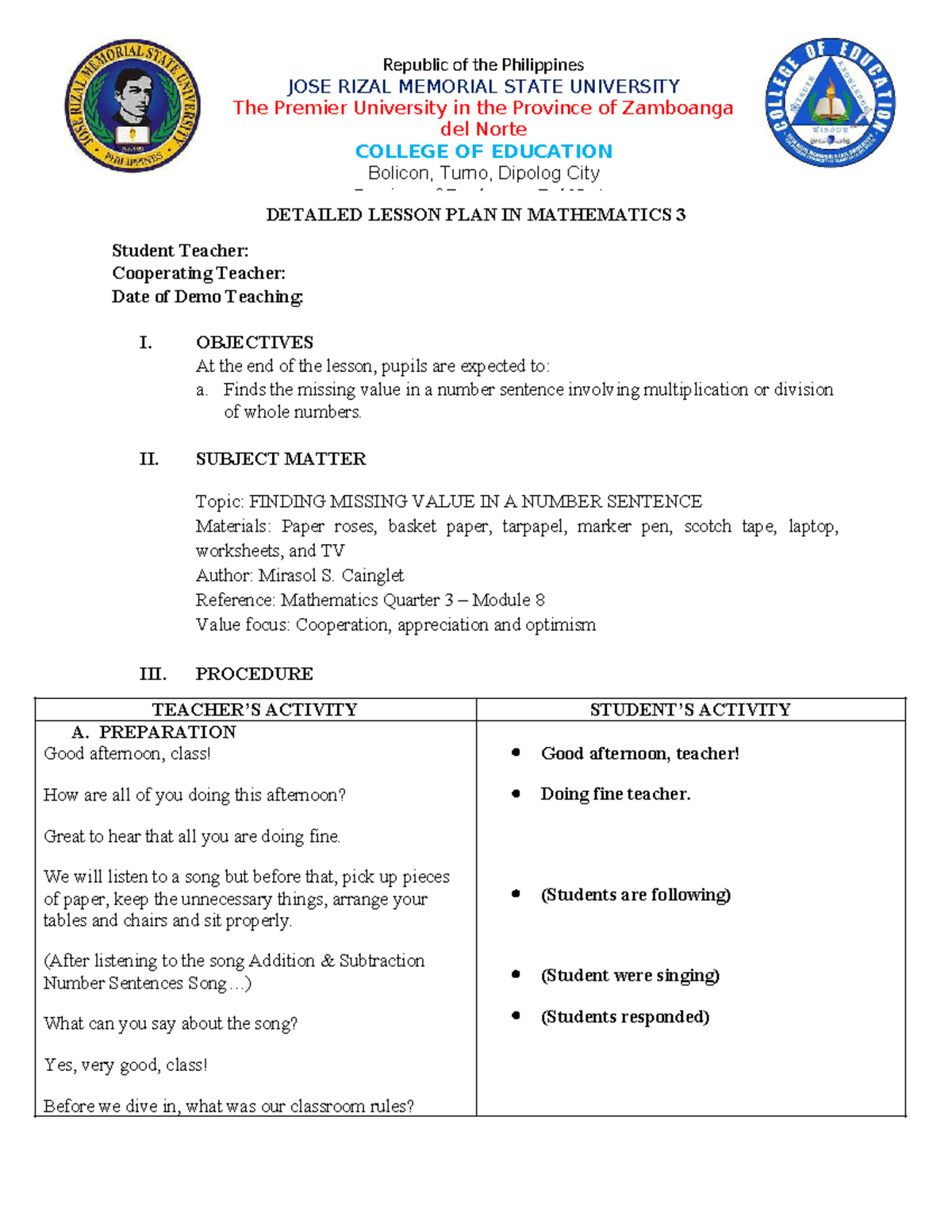 Mathematics 3 Detailed Lesson Plan: Finding Missing Values - Studocu