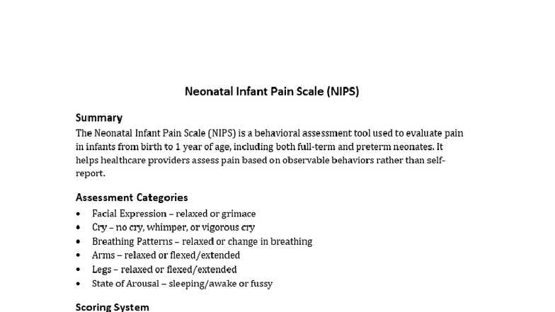 Pediatric Pain Scales Summary Chart (PEDS) - Studocu