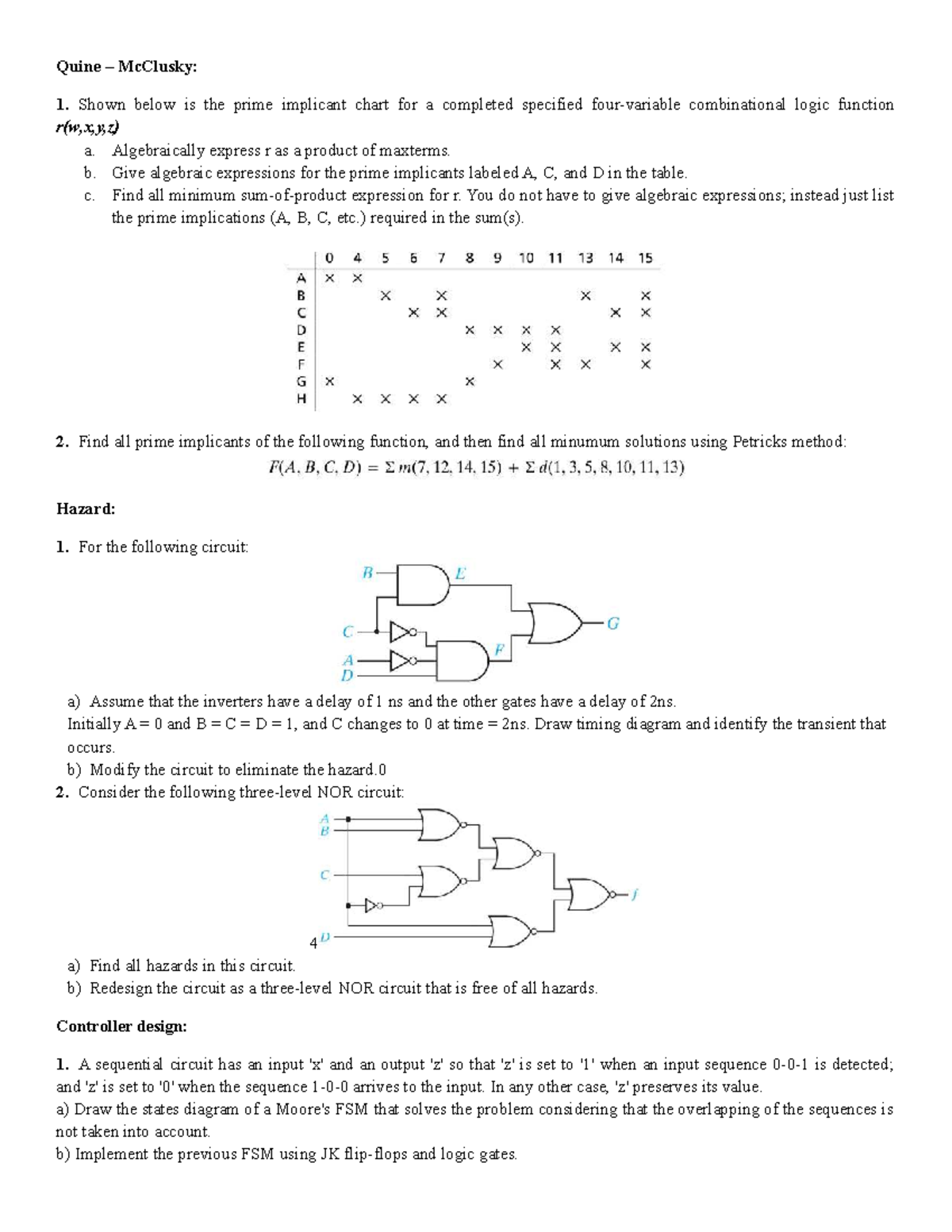 Digital Systems Assignments: Quine McClusky & Hazard Analysis - Studocu