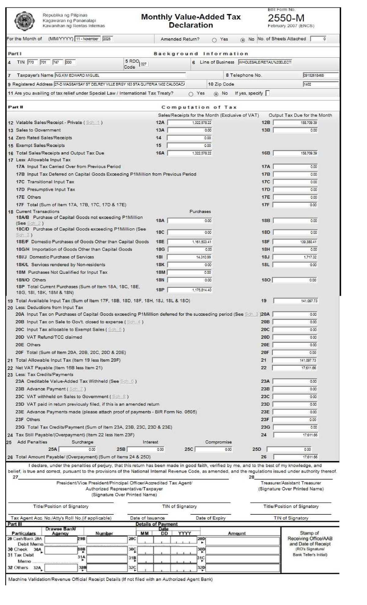 BIR Form No. VAT Declaration for November 2025 - Amended Return - Studocu