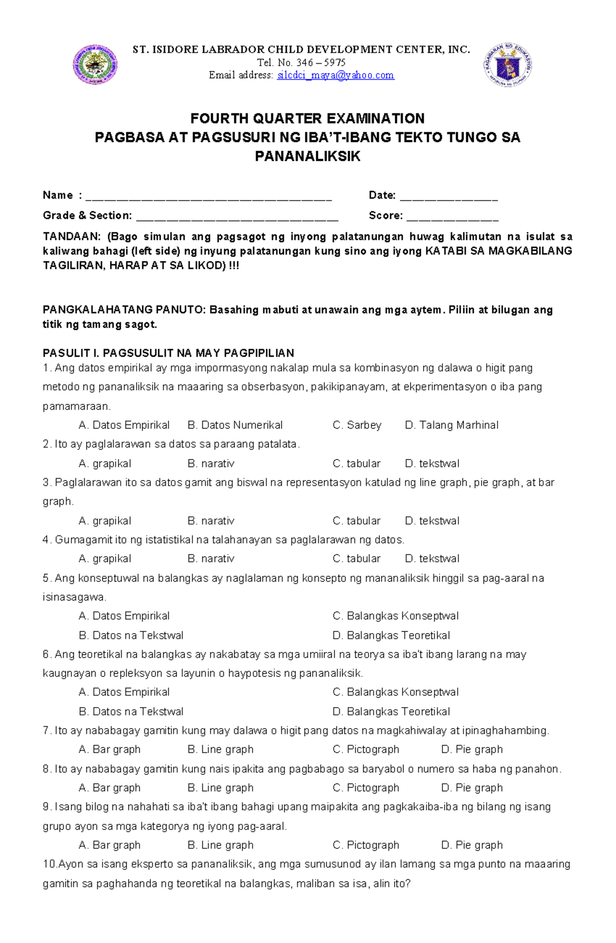 Quarterly Exam: Pagbasa at Pagsusuri ng Iba’t-ibang Teksto (4th Qtr ...