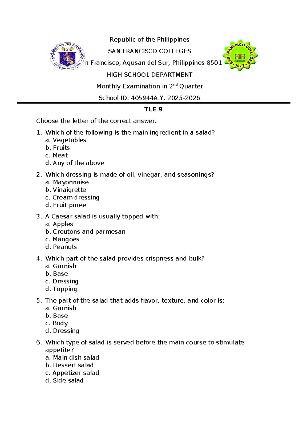 TLE 9 - Grade 9 Monthly Exam Questionnaire for 2nd Quarter - Studocu
