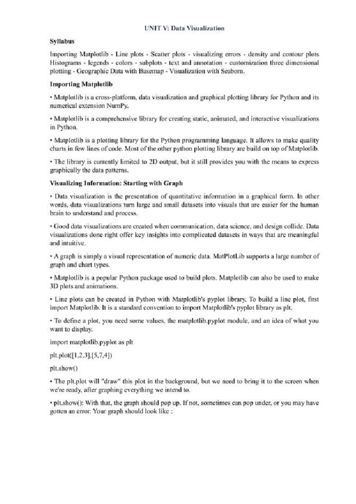 DSF Unit V: Data Visualization Techniques and Matplotlib Usage - Studocu
