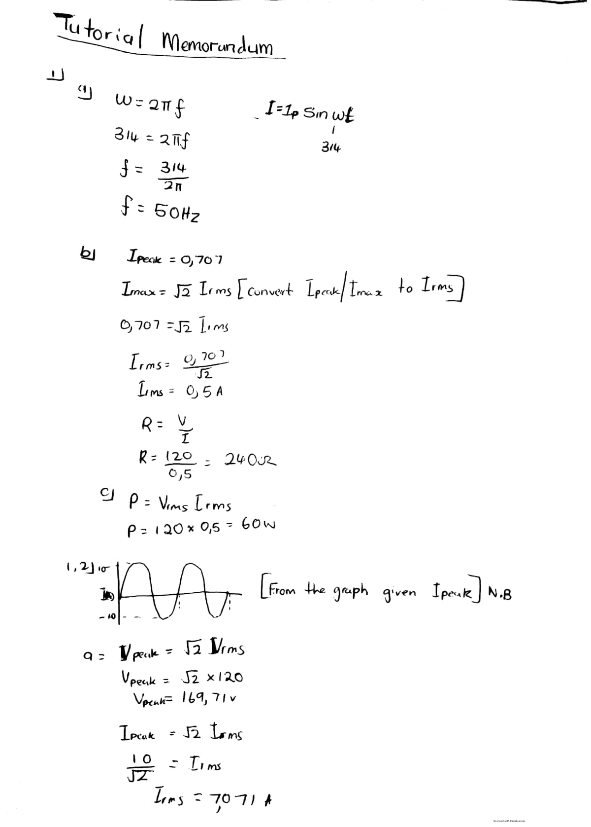 Tutorial 7 Memo: Circuit Analysis and Calculations for 314 - Studocu