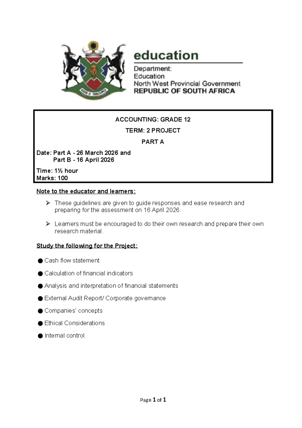 Accountingtaskterm 2 - ACCOUNTING: GRADE 12 TERM: 2 PROJECT PART A Date ...
