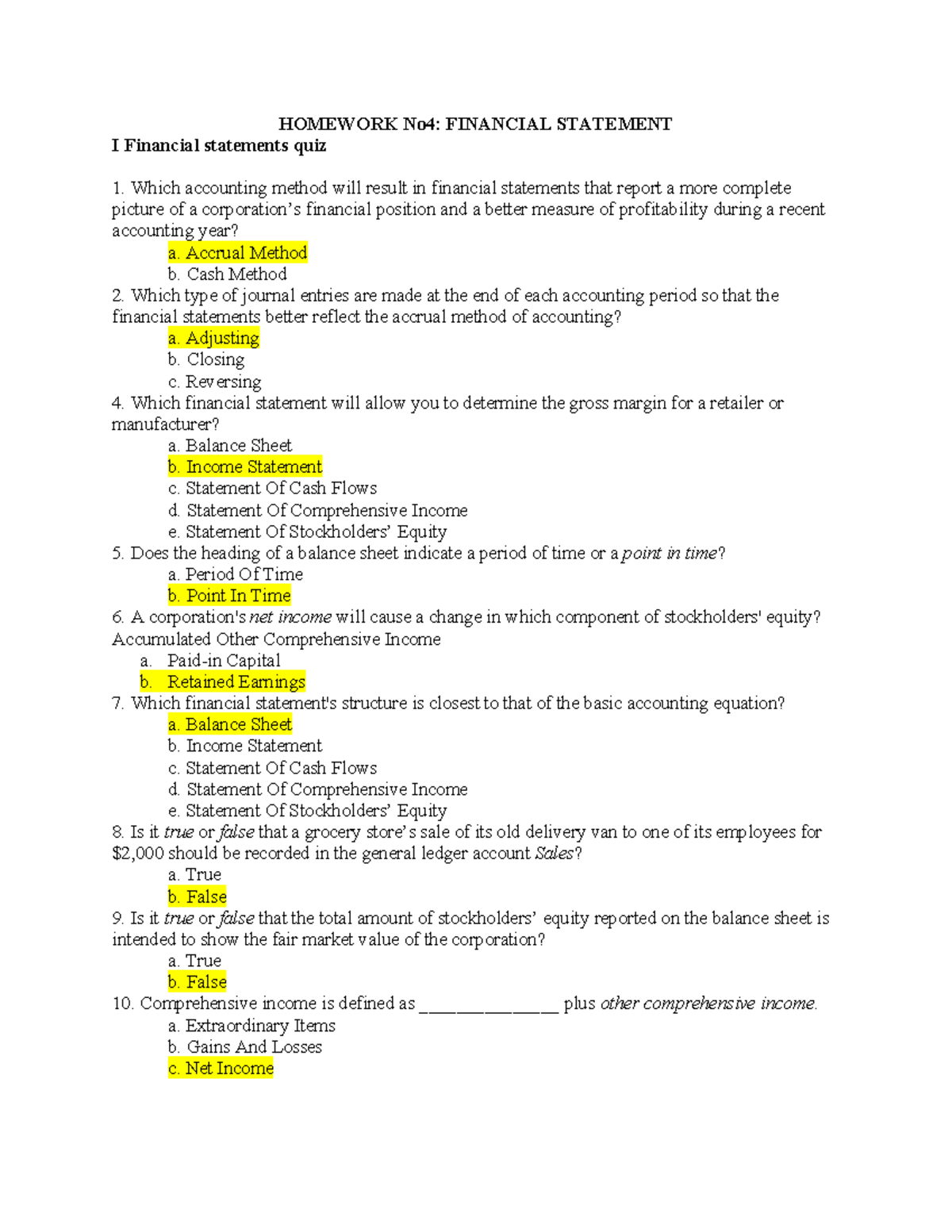 Financial Statements Quiz (FIN 101) - Week 4 Review - Studocu