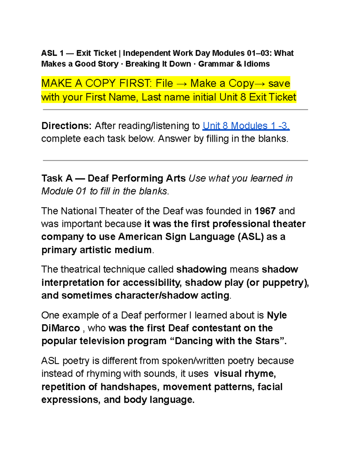 ASL 1 Unit 8 Exit Ticket: Exploring Storytelling & Vocabulary - Studocu