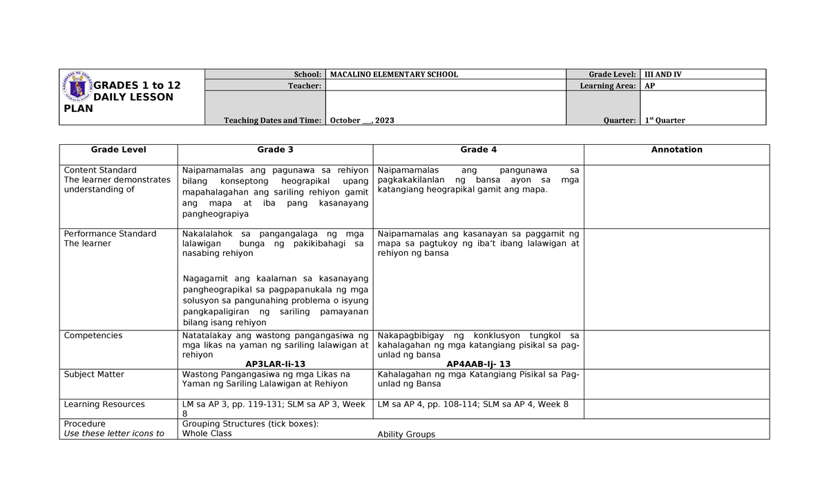 COT 1 AP 2 - COT - GRADES 1 to 12 DAILY LESSON PLAN School: MACALINO ELEMENTARY SCHOOL Grade ...