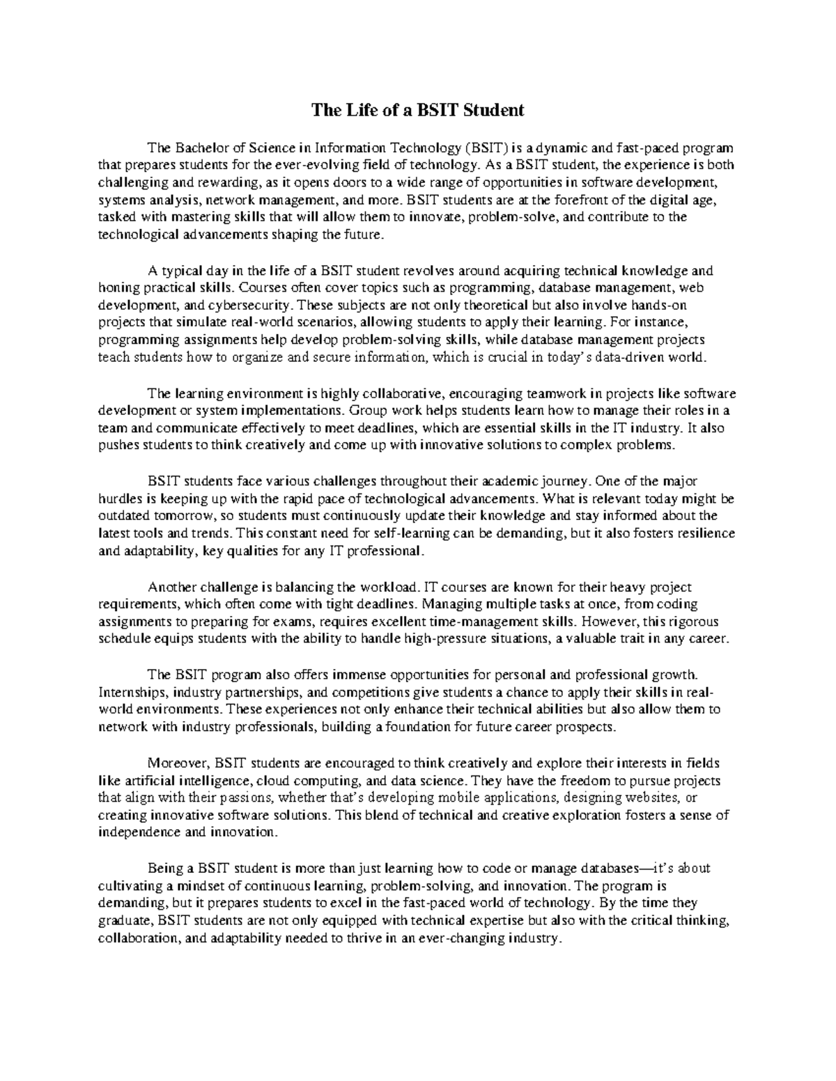 The Journey of a BSIT Student: Challenges and Opportunities - Studocu