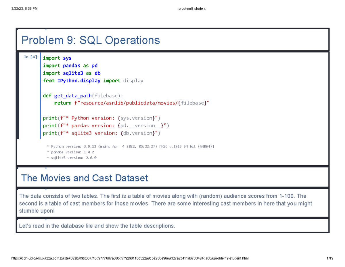 SQL Operations and Data Analysis: Problem 9 - Practice Material - Studocu