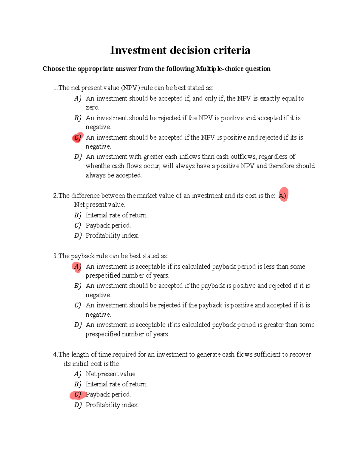 Investment Decision MCQs (2024) - Key Concepts and Rules - Studocu