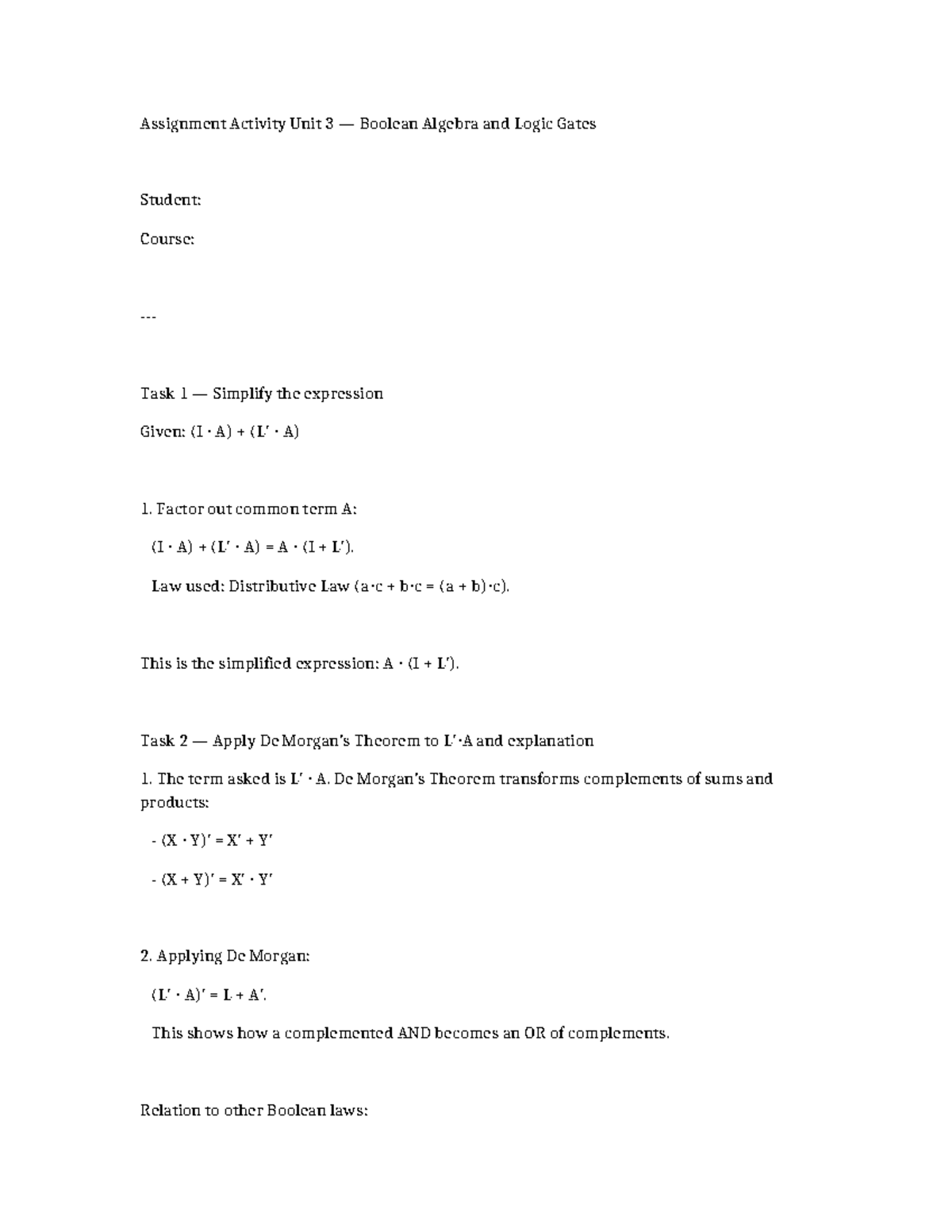 Unit 3 Assignment: Boolean Algebra & Logic Gates Simplification - Studocu