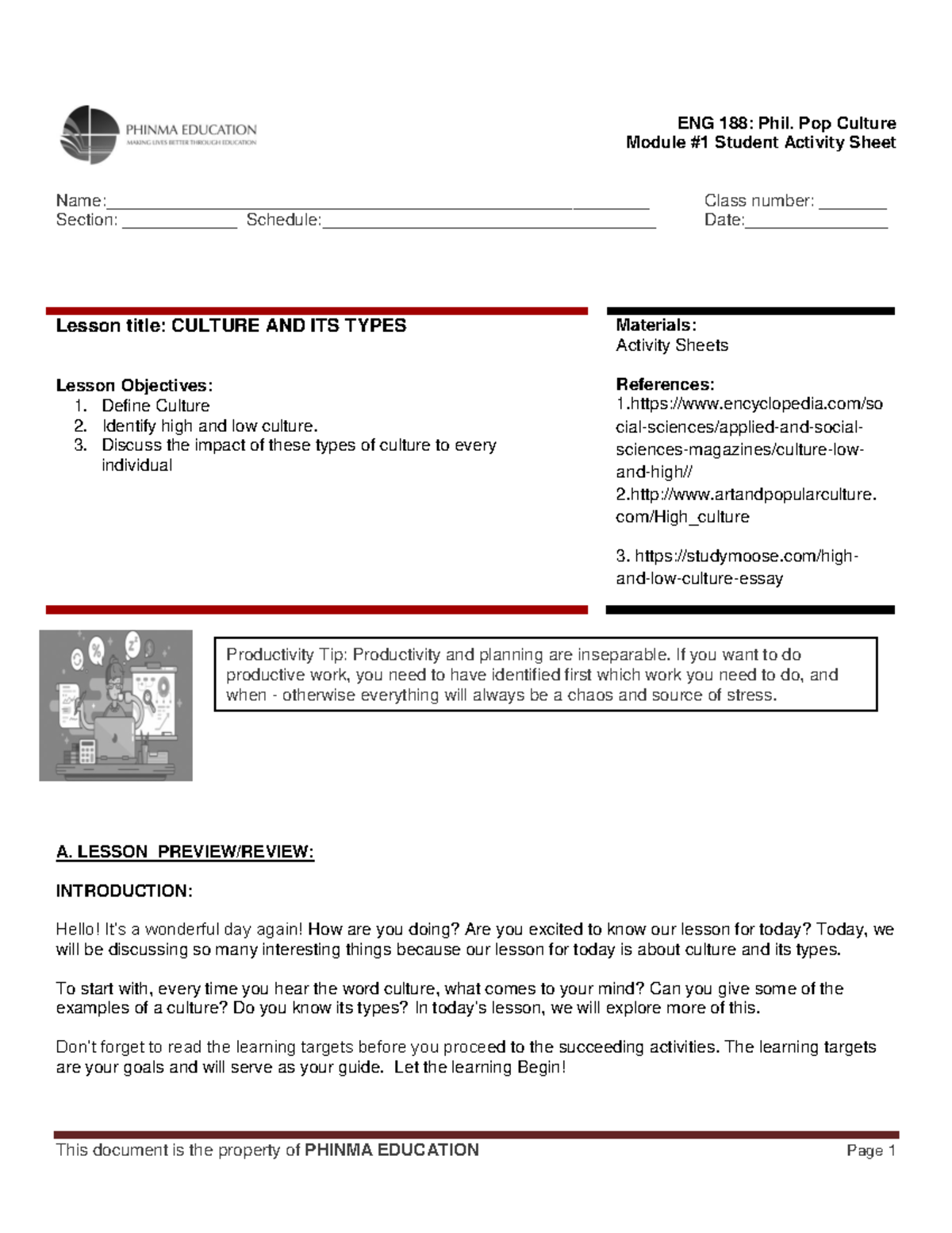 SAS#1 ENG 188 - Lecture Notes on Culture Types: High vs Low Culture ...