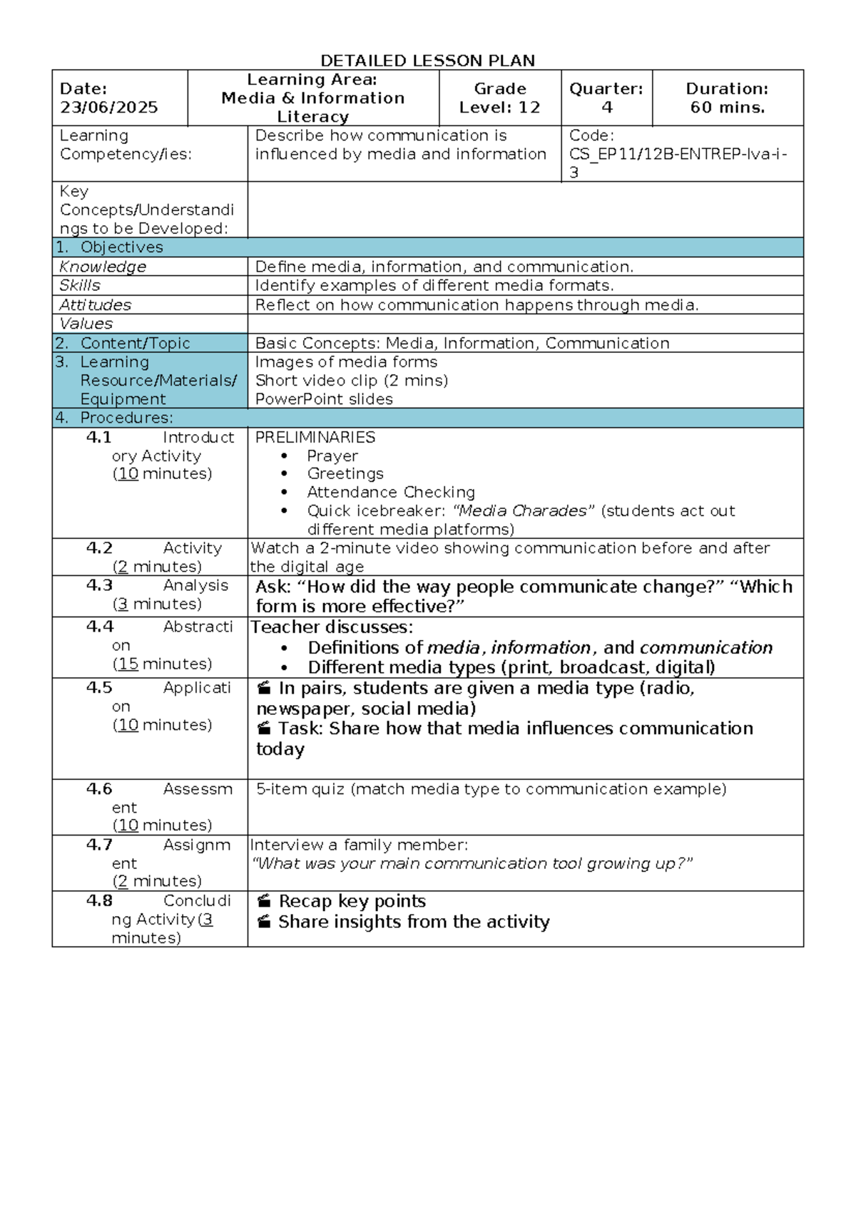Grade 12 Media Information Literacy Detailed Lesson Plan - Studocu