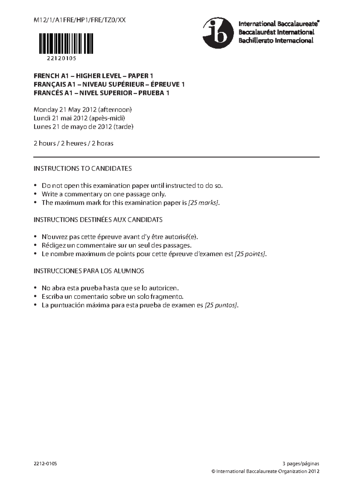 French Literature HL Paper 1 - M12/1/A1FRE/HP1/FRE/TZ0/XX FRENCH A1 ...