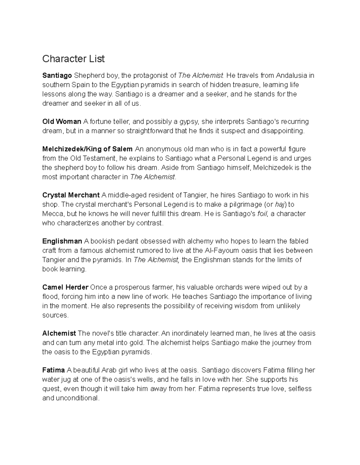 The Alchemist (Part 1) - Characters and Key Events Overview - Studocu