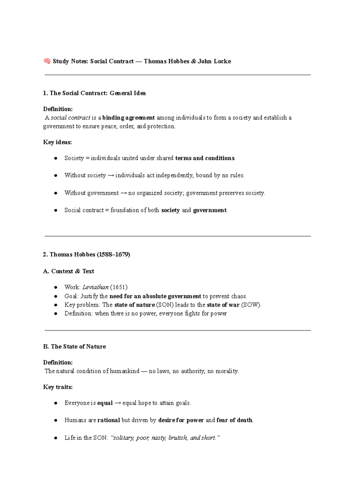 FALL 2025 Study Notes: Social Contract Theories of Hobbes & Locke - Studocu