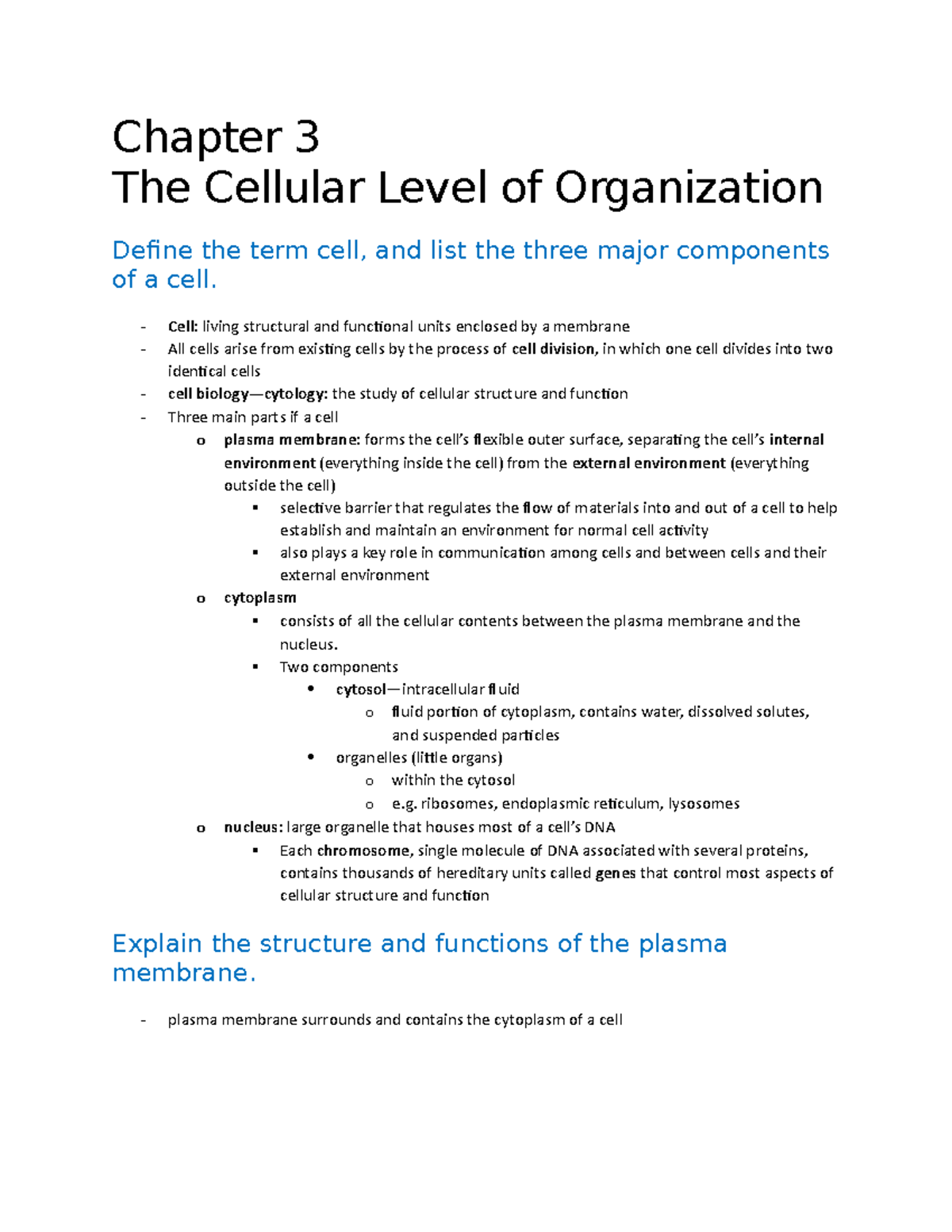 Ch 3 - Cellular Organization Study Notes: Structure & Membranes - Studocu
