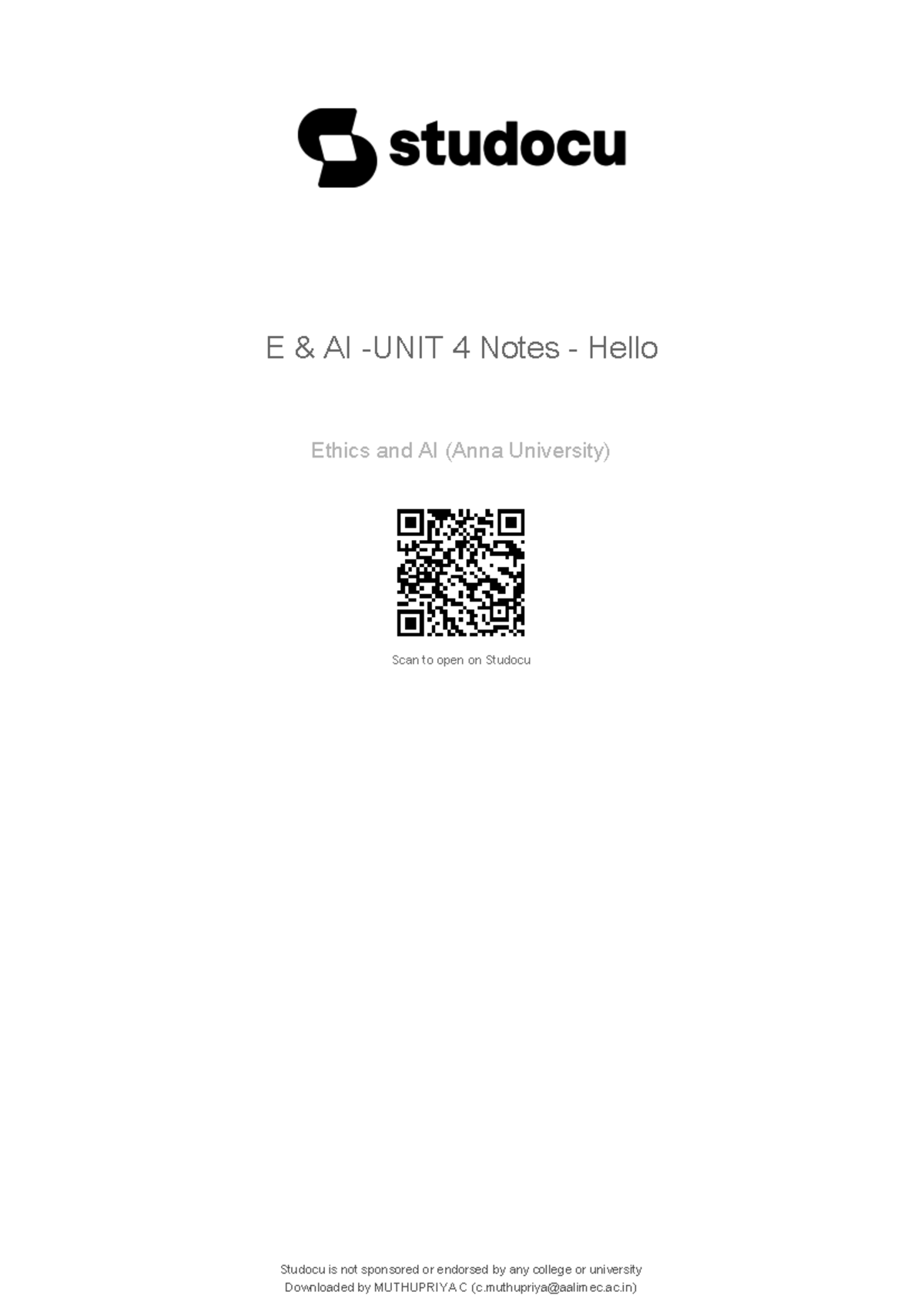 E & AI - UNIT 4 Notes: Exploring Ethics in Robotics and AI - Studocu