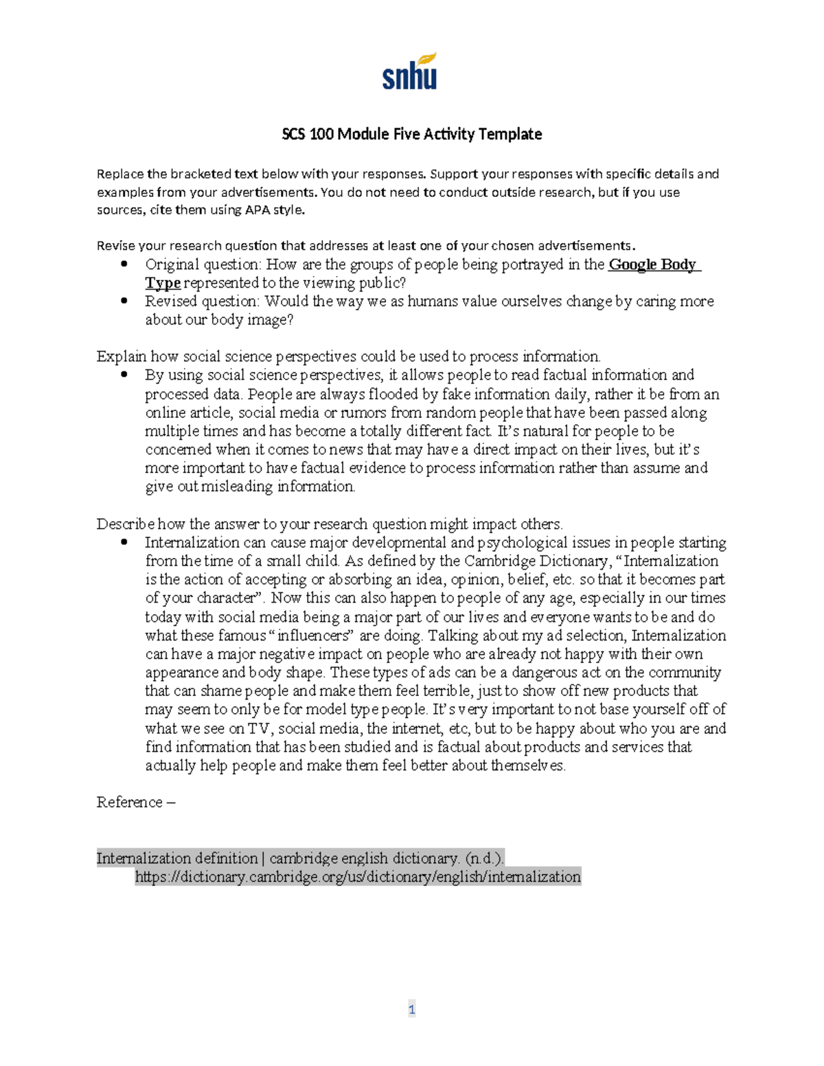SCS 100 Module Five Finalizing Your Research Question - Revised - SCS 100 Module Five Activity ...