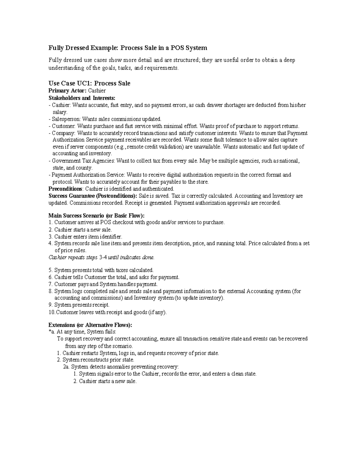 UC1: Fully Dressed Use Case for Processing Sale in POS System - Studocu