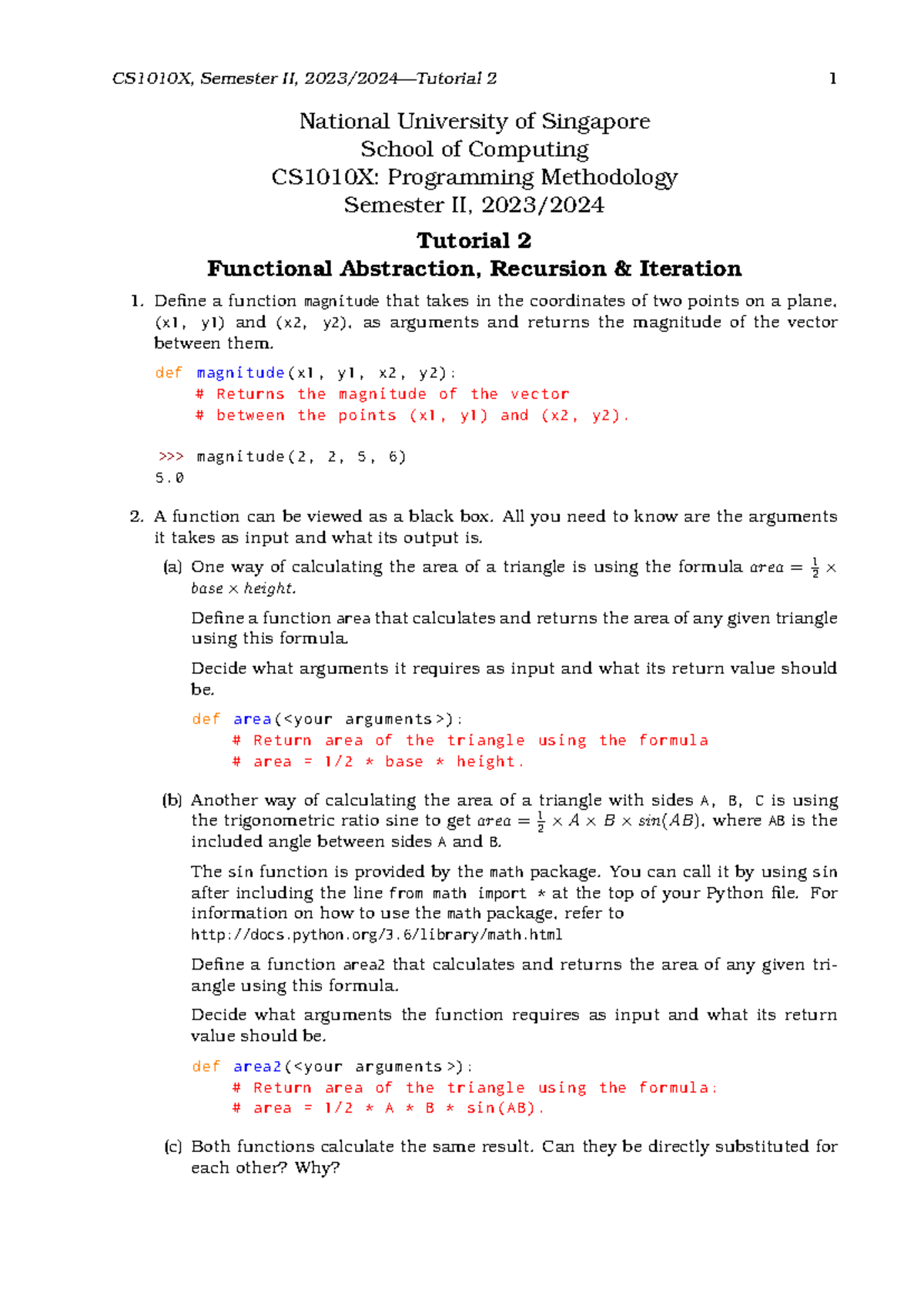 Tut 2 worksheet - CS1010X, Semester II, 2023/2024—Tutorial 2 1 National ...