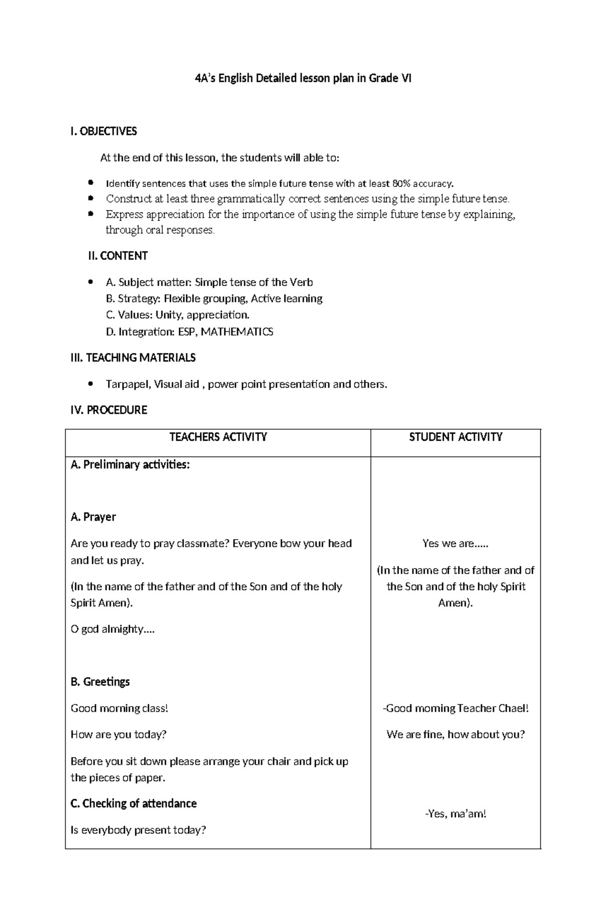 Grade VI English Lesson Plan: Simple Future Tense Activities - Studocu