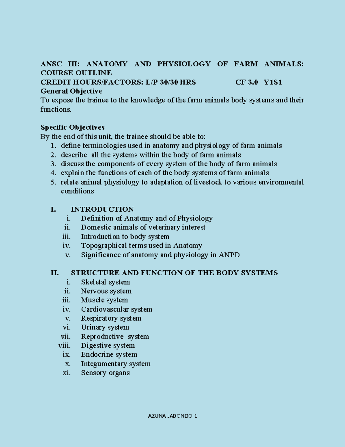 ANSC 101: Anatomy and Physiology of Farm Animals - Course Outline - Studocu