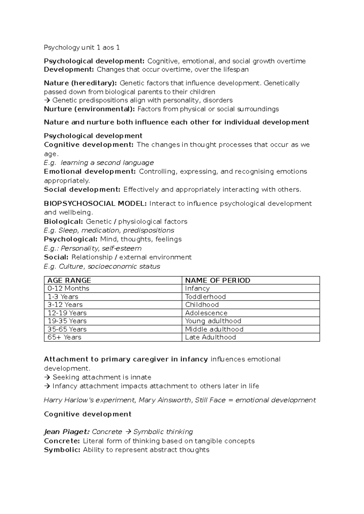 Psychology Unit 1 AOS 1: Understanding Psychological Development - Studocu