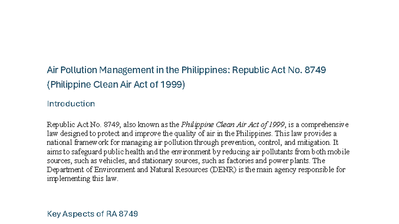 RA 8749: Comprehensive Overview of the Philippine Clean Air Act - Studocu