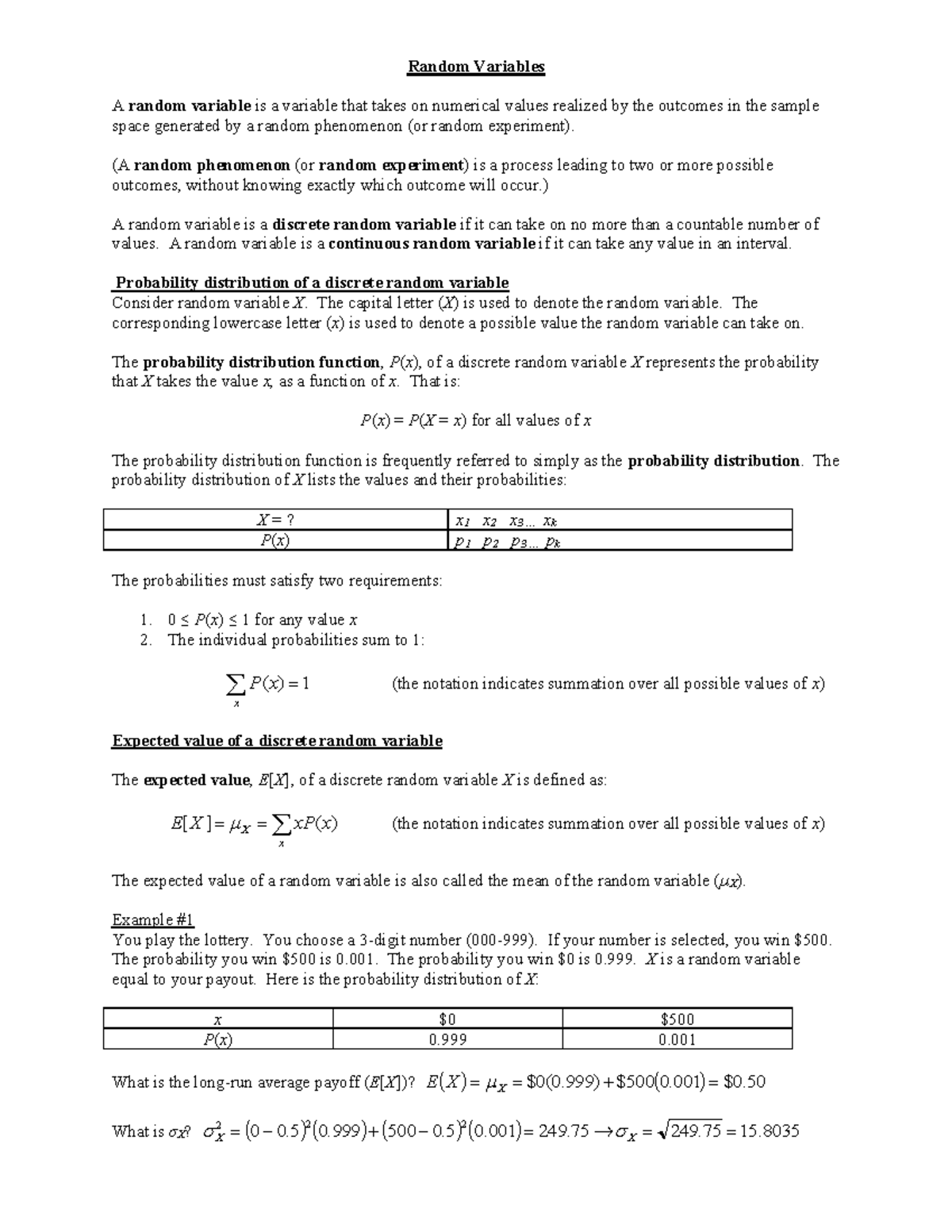 Handout random variables spring 24 2 - Random Variables A random ...